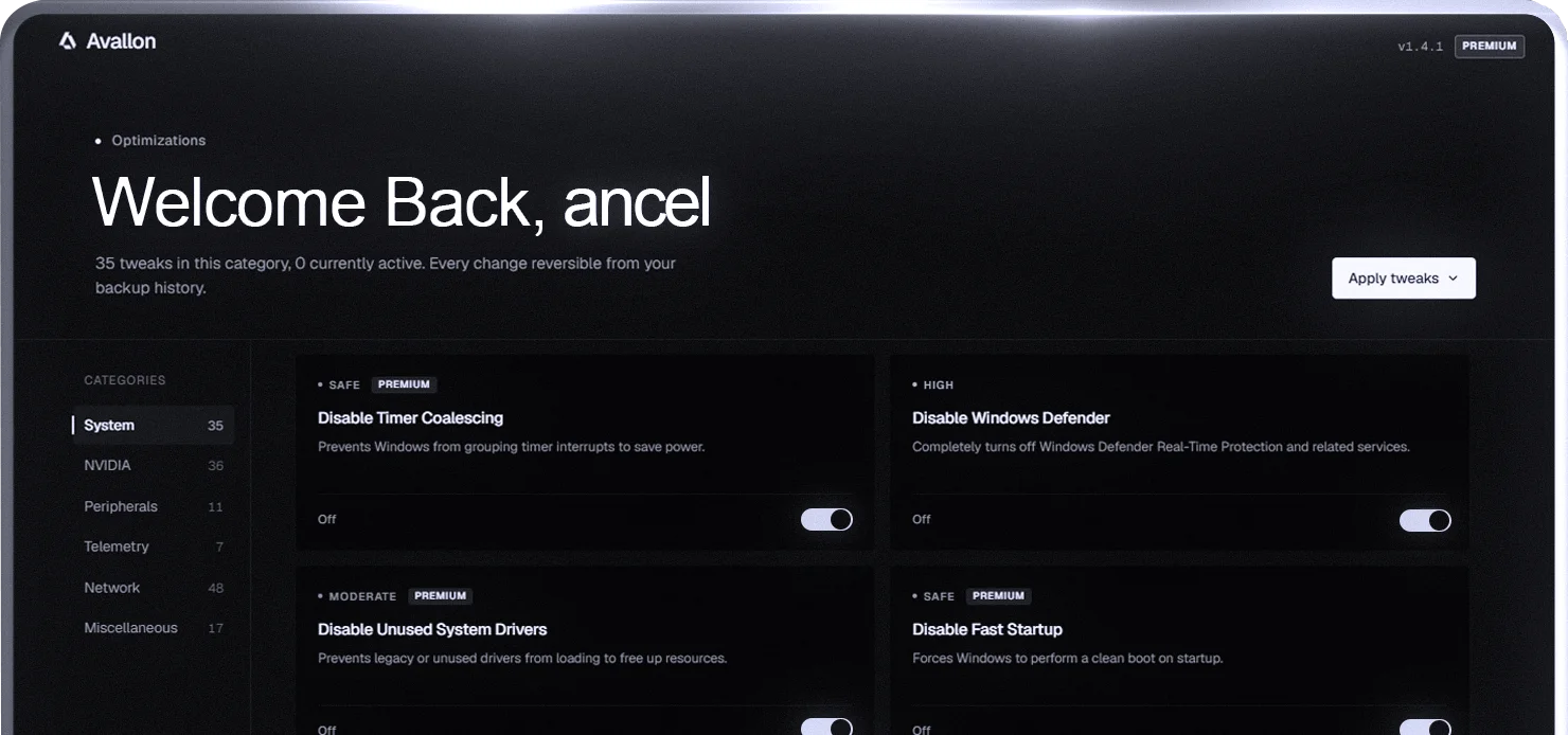 Avallon Tweaks | Peak Performance for Gamers